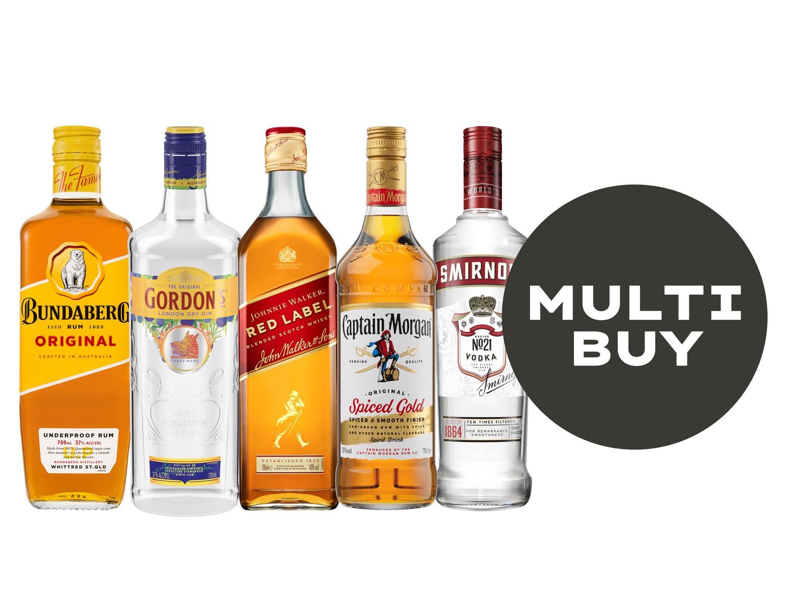 Bundaberg, Captain Morgan, Johnnie Walker Red, Gordons Gin or Smirnoff Red 700ml Bundle ...